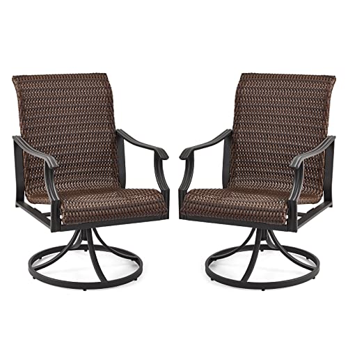 EROMMY Patio Wicker Swivel Chair Set of 2, Heavy Duty Outdoor Dining Chair with 23.5'' High Back, Extra-Large Water-Fall Seat, Rattan Porch Chair Gentle Rocker for Outside, Garden, Backyard, 2 PCS