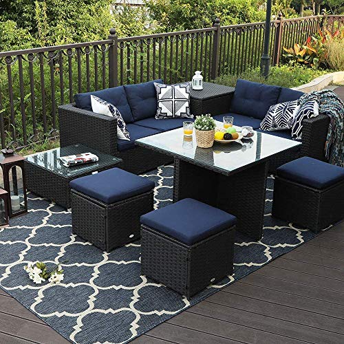 PHI VILLA Outdoor Sectional Wicker Sofa Sets Patio Furniture-Rattan Table and Sofa Chairs (5-Piece, Dining Set)