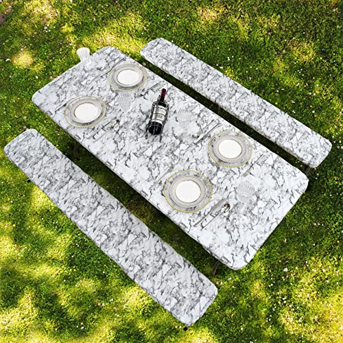 Lifesmells 3PCS Picnic Table & Benches Cover, Fitted Tablecloth with Bench Covers, Vinyl, Elastic, Checkered, Oil&Waterproof for Camping, Dining, Outdoor, Park, Patio,Marble Light Grey 72x30”/72x12”