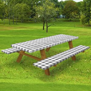 picnic table cover with bench covers vinyl tablecloth with elastic band and flannel backing fitted table covers for 6 foot rectangle tables-for outdoor/bbq/camping(30 x 72 inch,3-pcs,grey-checkered)