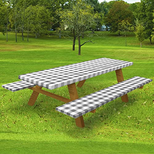 Picnic Table Cover with Bench Covers Vinyl Tablecloth with Elastic Band and Flannel Backing Fitted Table Covers for 6 Foot Rectangle Tables-for Outdoor/BBQ/Camping(30 X 72 Inch,3-PCS,Grey-Checkered)