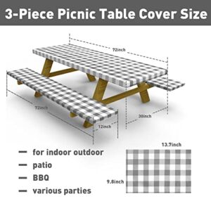 Picnic Table Cover with Bench Covers Vinyl Tablecloth with Elastic Band and Flannel Backing Fitted Table Covers for 6 Foot Rectangle Tables-for Outdoor/BBQ/Camping(30 X 72 Inch,3-PCS,Grey-Checkered)