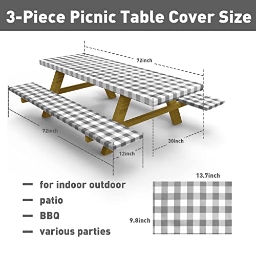 Picnic Table Cover with Bench Covers Vinyl Tablecloth with Elastic Band and Flannel Backing Fitted Table Covers for 6 Foot Rectangle Tables-for Outdoor/BBQ/Camping(30 X 72 Inch,3-PCS,Grey-Checkered)