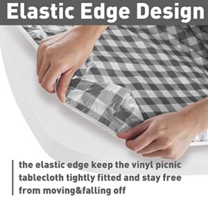 Picnic Table Cover with Bench Covers Vinyl Tablecloth with Elastic Band and Flannel Backing Fitted Table Covers for 6 Foot Rectangle Tables-for Outdoor/BBQ/Camping(30 X 72 Inch,3-PCS,Grey-Checkered)