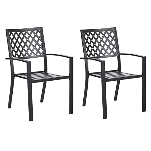 MFSTUDIO Black Metal Patio Stacking Chairs Wave Back Indoor Outdoor Dining Set Wrought Iron Chair with Arm, Set of 2