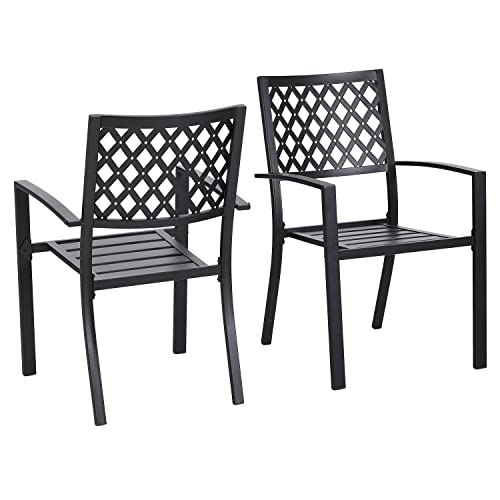 MFSTUDIO Black Metal Patio Stacking Chairs Wave Back Indoor Outdoor Dining Set Wrought Iron Chair with Arm, Set of 2