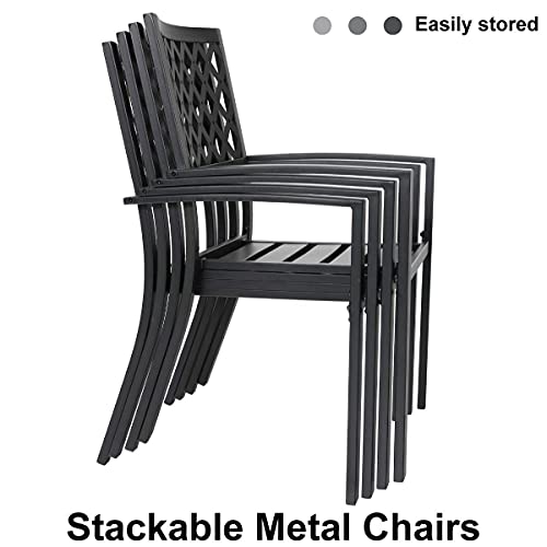 MFSTUDIO Black Metal Patio Stacking Chairs Wave Back Indoor Outdoor Dining Set Wrought Iron Chair with Arm, Set of 2