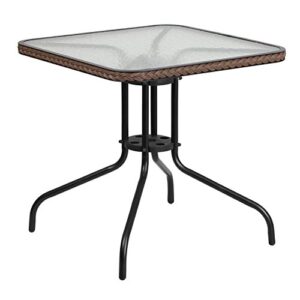 flash furniture 28” square tempered glass metal table with dark brown rattan edging