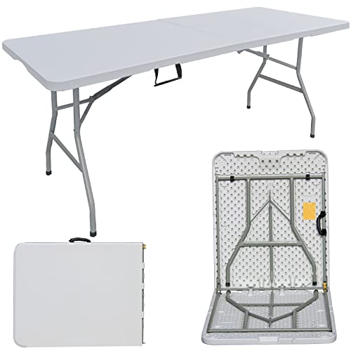 BOSOVEL 6ft Folding Table Fold in Half w/Handle White Plastic Heavy Duty for Outdoor & Indoor Party Dining Picnic Camping Wedding BBQ Catering Garden Kitchen Market Events