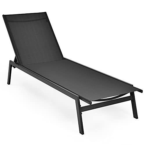 Tangkula Outdoor Chaise Lounge Chair, 6-Position Adjustable Reclining Chair with Breathable Fabric and Heavy Duty Steel Frame, Patio Lounge Chair for Garden, Backyard and Poolside (1, Black)