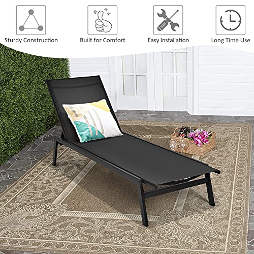 Tangkula Outdoor Chaise Lounge Chair, 6-Position Adjustable Reclining Chair with Breathable Fabric and Heavy Duty Steel Frame, Patio Lounge Chair for Garden, Backyard and Poolside (1, Black)