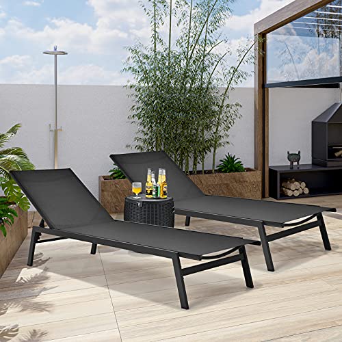 Tangkula Outdoor Chaise Lounge Chair, 6-Position Adjustable Reclining Chair with Breathable Fabric and Heavy Duty Steel Frame, Patio Lounge Chair for Garden, Backyard and Poolside (1, Black)