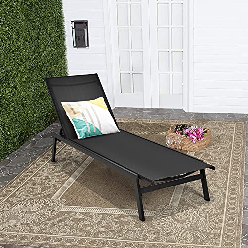 Tangkula Outdoor Chaise Lounge Chair, 6-Position Adjustable Reclining Chair with Breathable Fabric and Heavy Duty Steel Frame, Patio Lounge Chair for Garden, Backyard and Poolside (1, Black)