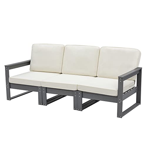 Laurel Canyon 3 Piece Outdoor Sofa HDPE Recycled Plastic Patio Sectional Sofa Outdoor Couch with Beige Cushions, Slate Grey