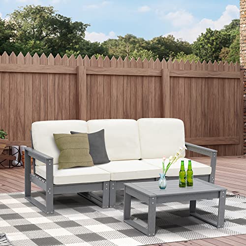 Laurel Canyon 3 Piece Outdoor Sofa HDPE Recycled Plastic Patio Sectional Sofa Outdoor Couch with Beige Cushions, Slate Grey