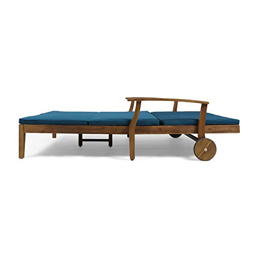 Great Deal Furniture Samantha Double Chaise Lounge for Yard and Patio, Acacia Wood Frame, Teak Finish with Blue Cushions