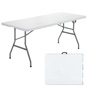 goplus folding tables, 6ft foldable plastic card table, portable heavy duty fold up table w/handle, white outdoor utility folding table for picnic, party, dining, camping, beach, bbq, no assembly