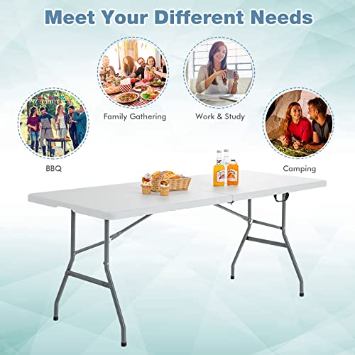 Goplus Folding Tables, 6ft Foldable Plastic Card Table, Portable Heavy Duty Fold Up Table w/Handle, White Outdoor Utility Folding Table for Picnic, Party, Dining, Camping, Beach, BBQ, No Assembly