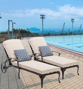 luccalily chaise lounge patio chair with wheels, adjustable reclining rust-resistant aluminum cast poolside chaise lounge furniture set of 2, waterproof beige cushion