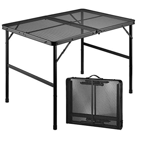 JOFTIX Camping Table, 3 ft Folding Grill Table with Mesh Desktop, Anti-Slip Feet, Height Adjustable, Lightweight & Portable Aluminum Outdoor Table for Camping, Picnic, RV, BBQ