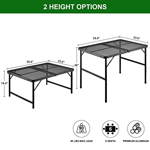 JOFTIX Camping Table, 3 ft Folding Grill Table with Mesh Desktop, Anti-Slip Feet, Height Adjustable, Lightweight & Portable Aluminum Outdoor Table for Camping, Picnic, RV, BBQ