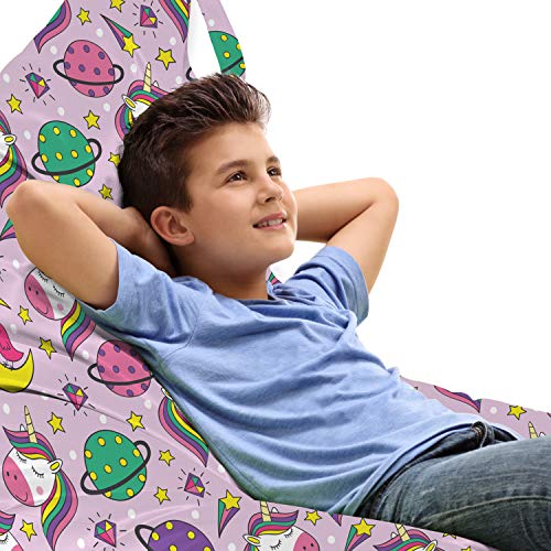 Ambesonne Childish Lounger Chair Bag, Unicorn Planets Moon Shooting Stars Clouds Dream Themed Elements, High Capacity Storage with Handle Container, Lounger Size, Pink and Lilac