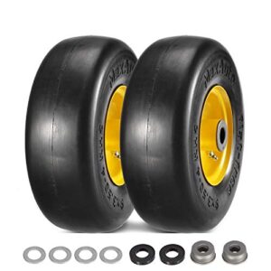 maxauto 2pcs 9×3.50-4″ flat free lawnmower tire on wheel, 3.5″ centered hub, 3/4″ bushings(universal adapter kit include: 2pcs 5/8″ sintered iron bushings, 2pcs 1/4″ nylon spacers, 4pcs steel washers)