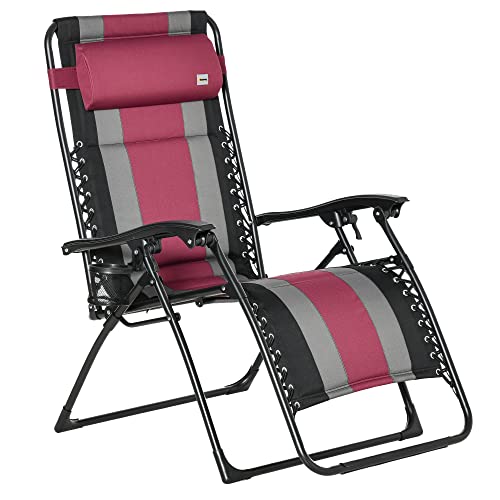 Outsunny XL Oversize Zero Gravity Recliner, Padded Patio Lounger Chair, Folding Chair with Adjustable Backrest, Cup Holder, and Headrest for Backyard, Poolside, Lawn, Striped, Wine Red