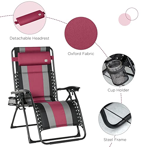 Outsunny XL Oversize Zero Gravity Recliner, Padded Patio Lounger Chair, Folding Chair with Adjustable Backrest, Cup Holder, and Headrest for Backyard, Poolside, Lawn, Striped, Wine Red