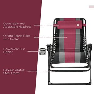 Outsunny XL Oversize Zero Gravity Recliner, Padded Patio Lounger Chair, Folding Chair with Adjustable Backrest, Cup Holder, and Headrest for Backyard, Poolside, Lawn, Striped, Wine Red