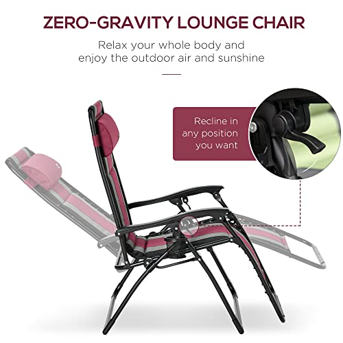 Outsunny XL Oversize Zero Gravity Recliner, Padded Patio Lounger Chair, Folding Chair with Adjustable Backrest, Cup Holder, and Headrest for Backyard, Poolside, Lawn, Striped, Wine Red