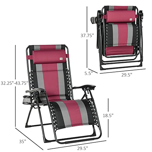 Outsunny XL Oversize Zero Gravity Recliner, Padded Patio Lounger Chair, Folding Chair with Adjustable Backrest, Cup Holder, and Headrest for Backyard, Poolside, Lawn, Striped, Wine Red