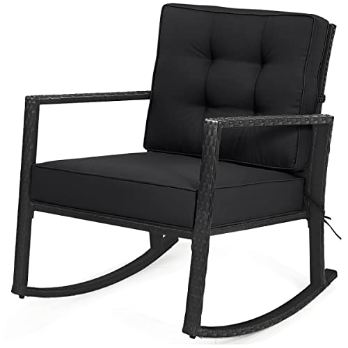 HAPPYGRILL Patio Rocking Chair Outdoor Rattan Wicker Glider Chair with Heavy-Duty Frame Thick Cushion for Backyard Garden Porch, Black