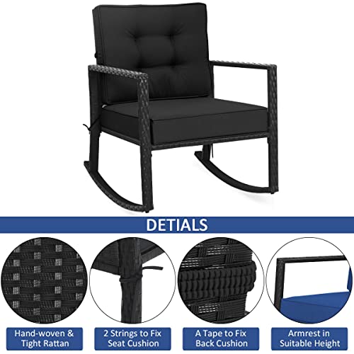 HAPPYGRILL Patio Rocking Chair Outdoor Rattan Wicker Glider Chair with Heavy-Duty Frame Thick Cushion for Backyard Garden Porch, Black