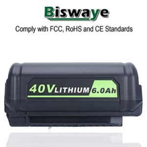 Biswaye 40V 6Ah Lithium Battery Replacement for Ryobi 40V Battery OP4040 OP40601 OP4026 OP40261 OP40401 OP40501 OP4015 OP40602 OP40404 OP40603 Compatible with Ryobi 40V Cordless Power Tools