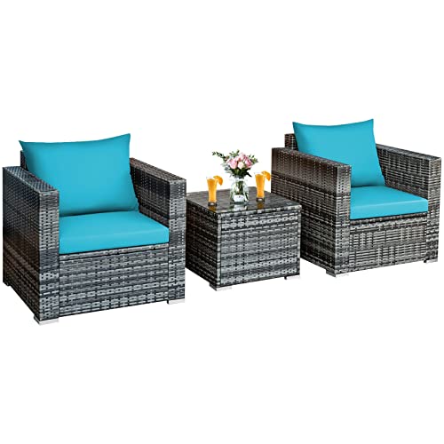 n/a 3 PC Patio Rattan Furniture Bistro Set Cushioned Sofa Chair Turquoise Single Sofa Coffee Table