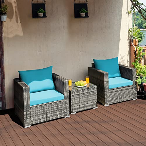 n/a 3 PC Patio Rattan Furniture Bistro Set Cushioned Sofa Chair Turquoise Single Sofa Coffee Table