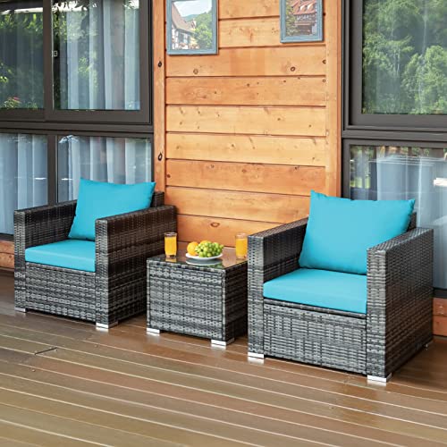 n/a 3 PC Patio Rattan Furniture Bistro Set Cushioned Sofa Chair Turquoise Single Sofa Coffee Table