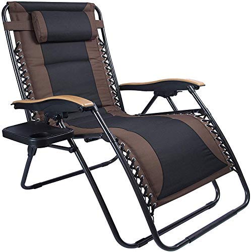 LUCKYBERRY Deluxe Oversized Padded Zero Gravity Chair XL Brown Black Cup Holder Lounge Patio Chairs Outdoor Yard Beach Support 350lbs, (Brown)