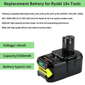 Mingsci 2Pack 6.5Ah P108 18Volt Replacement for Ryobi 18V Battery Lithium Ion P102 P103 P104 P105 P107 P108 P109 P122