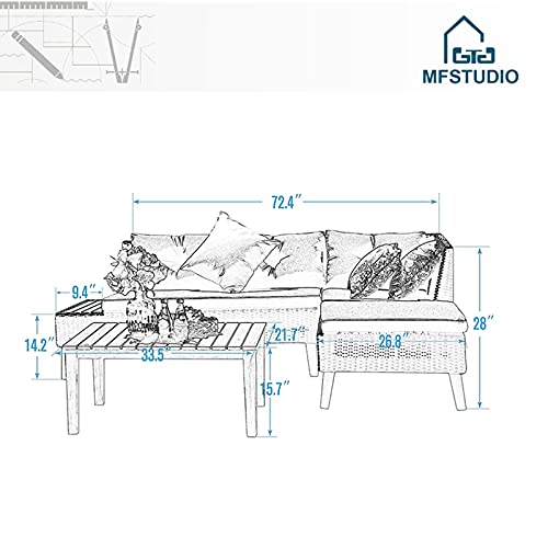 MFSTUDIO 3 Pieces Patio Rattan Furniture Set，Outdoor Wicker and Acacia Wood Sectional Sofa Set for Garden,Backyard,Poolside(Navy Blue)