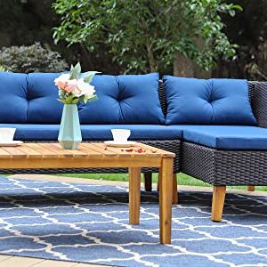 MFSTUDIO 3 Pieces Patio Rattan Furniture Set，Outdoor Wicker and Acacia Wood Sectional Sofa Set for Garden,Backyard,Poolside(Navy Blue)