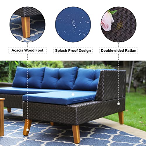 MFSTUDIO 3 Pieces Patio Rattan Furniture Set，Outdoor Wicker and Acacia Wood Sectional Sofa Set for Garden,Backyard,Poolside(Navy Blue)