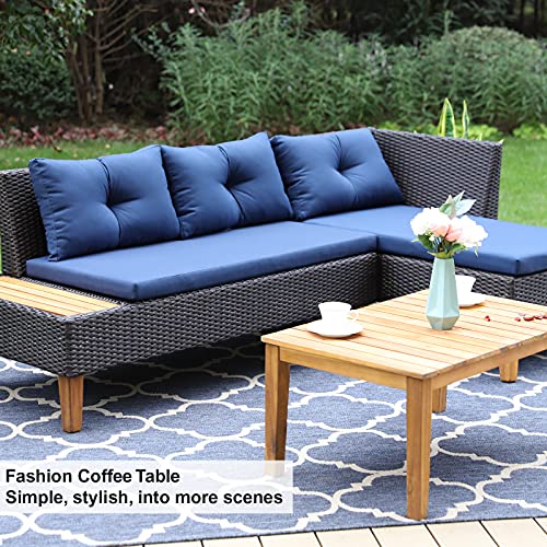 MFSTUDIO 3 Pieces Patio Rattan Furniture Set，Outdoor Wicker and Acacia Wood Sectional Sofa Set for Garden,Backyard,Poolside(Navy Blue)