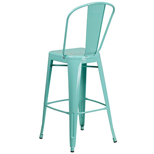 Merrick Lane Stella 30" Metal Indoor-Outdoor Barstool with Vertical Slat Back and Integrated Footrest in Mint Green