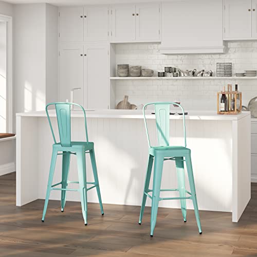 Merrick Lane Stella 30" Metal Indoor-Outdoor Barstool with Vertical Slat Back and Integrated Footrest in Mint Green