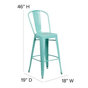 Merrick Lane Stella 30" Metal Indoor-Outdoor Barstool with Vertical Slat Back and Integrated Footrest in Mint Green