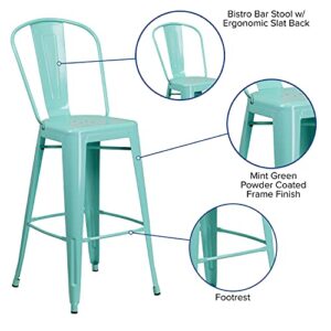 Merrick Lane Stella 30" Metal Indoor-Outdoor Barstool with Vertical Slat Back and Integrated Footrest in Mint Green