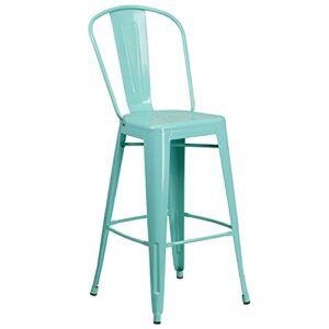 Merrick Lane Stella 30" Metal Indoor-Outdoor Barstool with Vertical Slat Back and Integrated Footrest in Mint Green