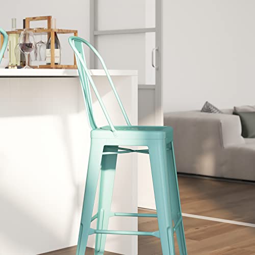 Merrick Lane Stella 30" Metal Indoor-Outdoor Barstool with Vertical Slat Back and Integrated Footrest in Mint Green